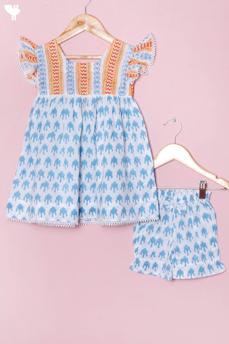 Cotton Frock & Shorts Set In Block Print