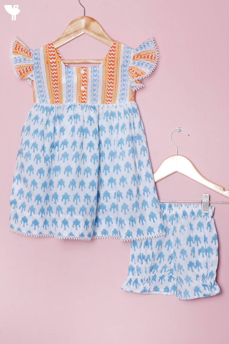 Cotton Frock & Shorts Set In Block Print
