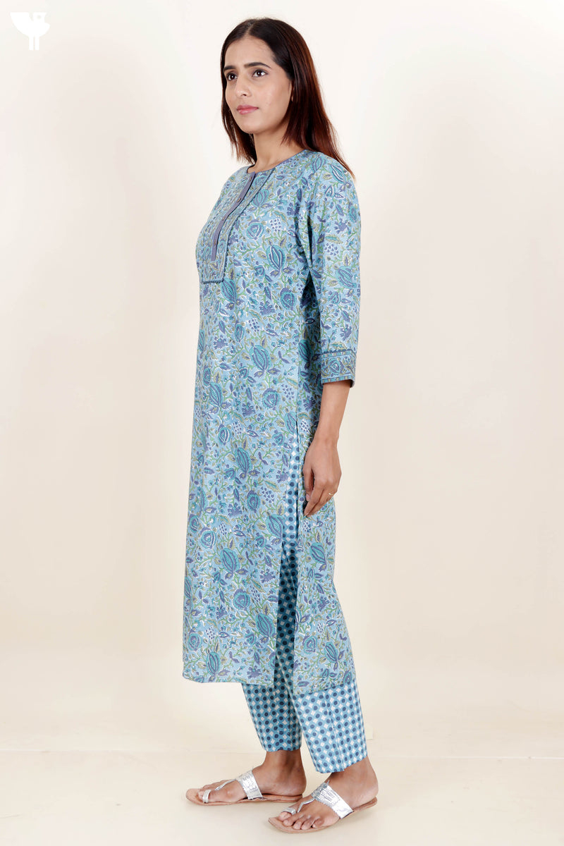 Bizzy Lizzy Kurta And Pant Set With Kota Dupatta In Block Print