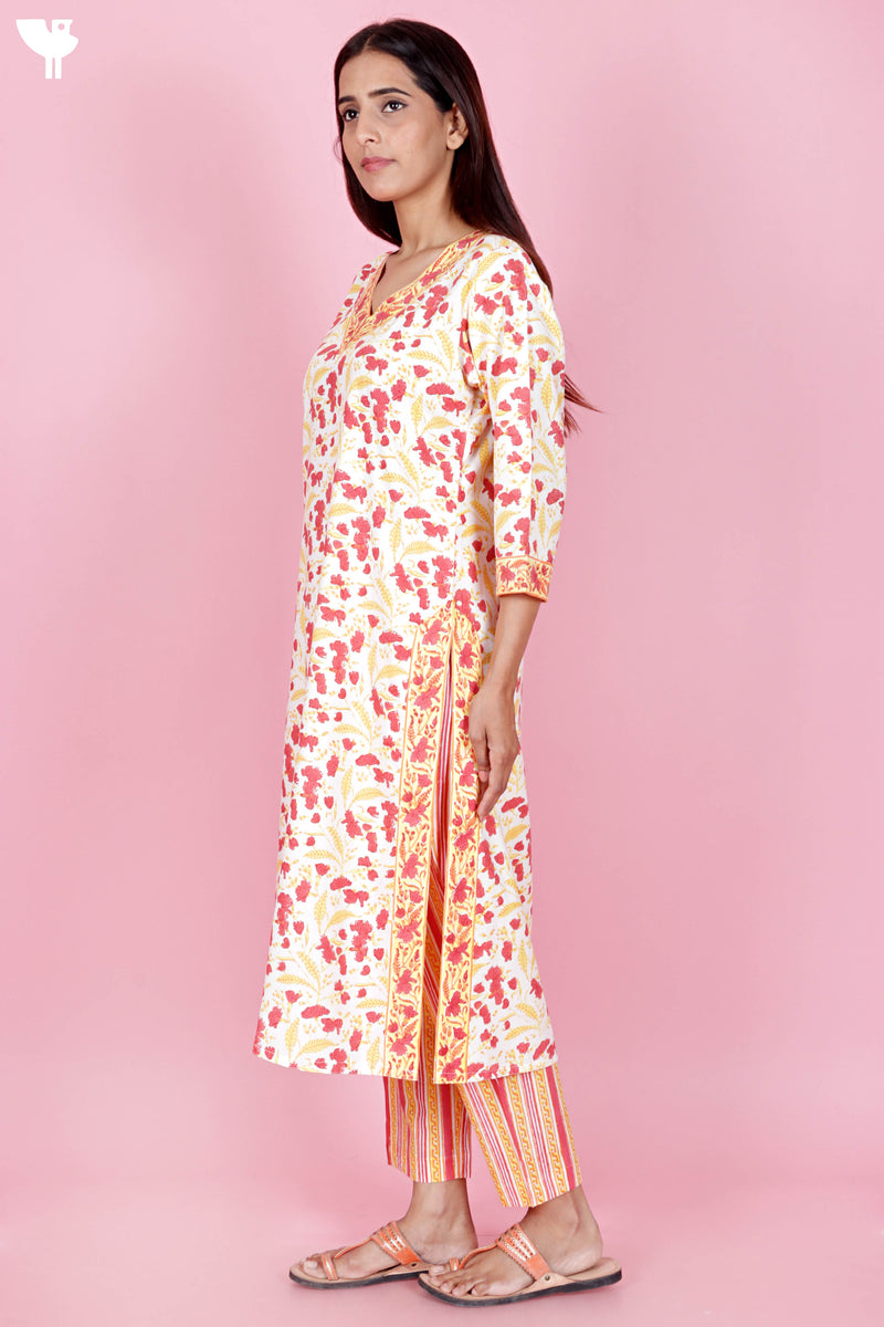 Bizzy Lizzy Kurta And Pant Set With Kota Dupatta In Block Print