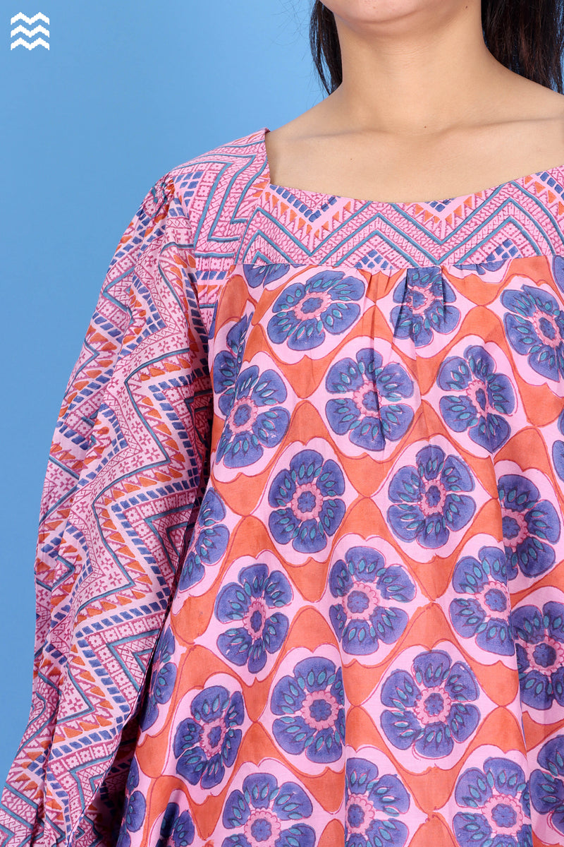 Cotton Silk Dunning Top In Graphic Block Print